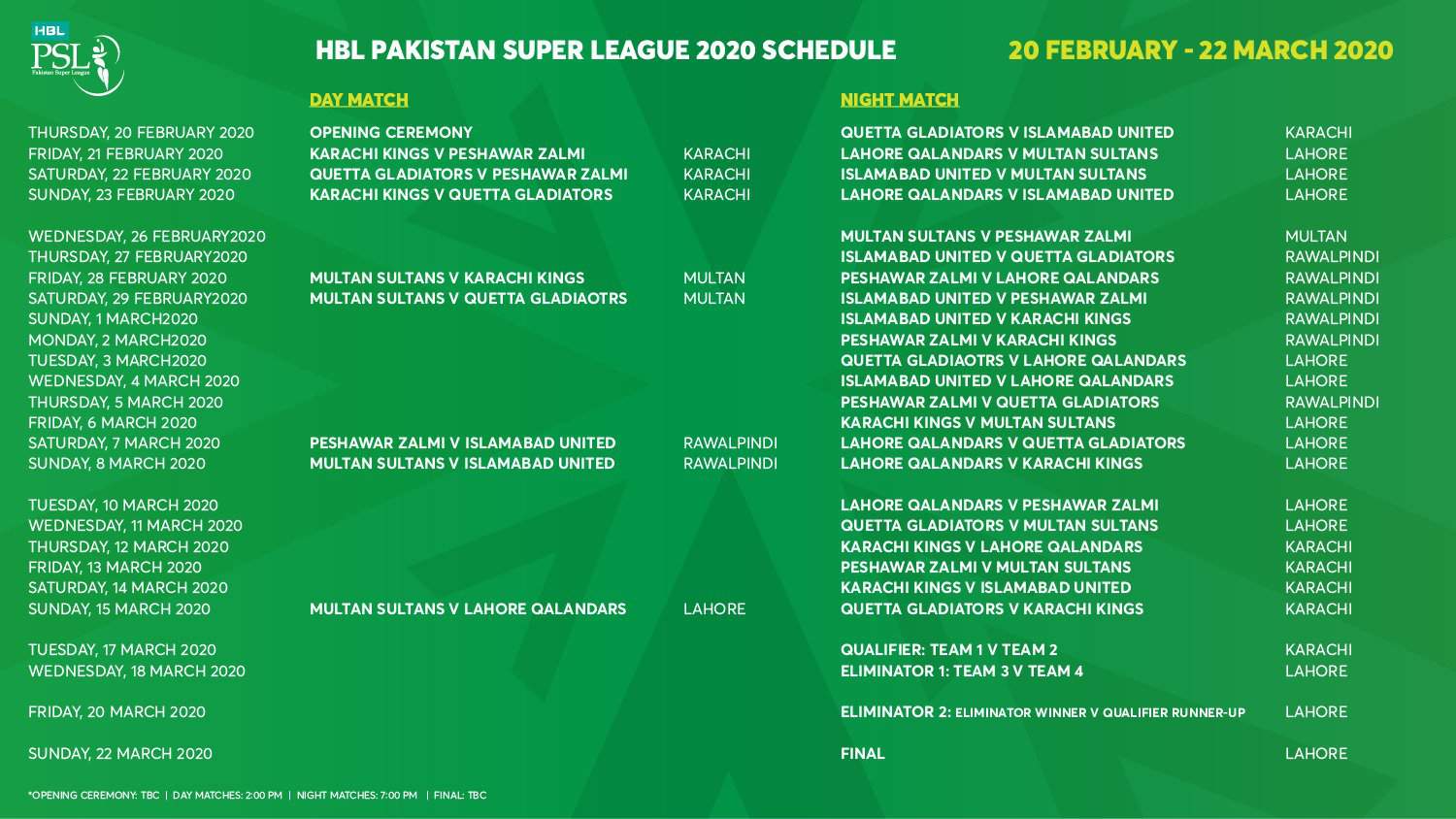PSL Schedule 2020: date, matches, tickets, time and venue