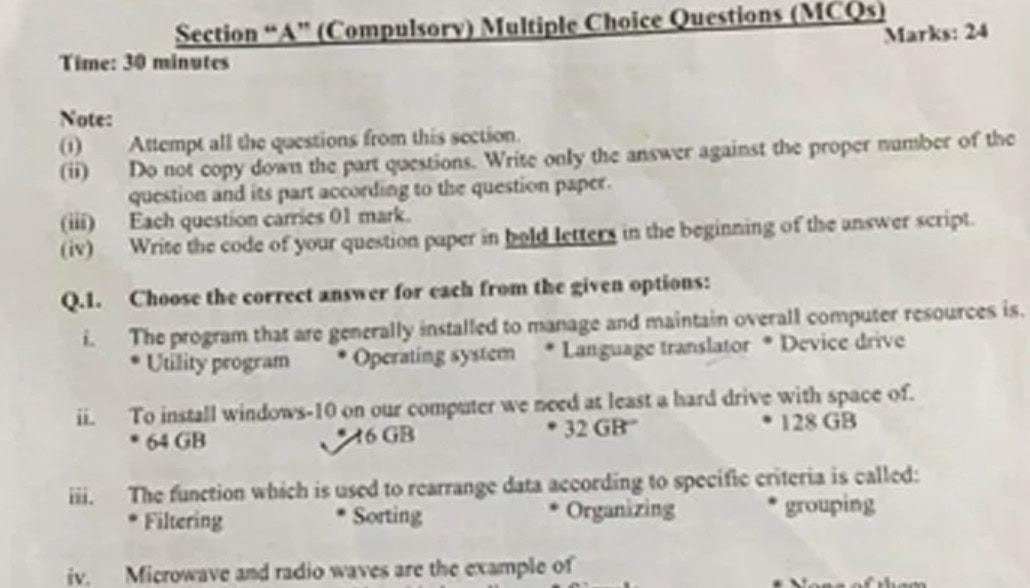 Karachi Board 10th Class Computer Science Guess Papers 2024