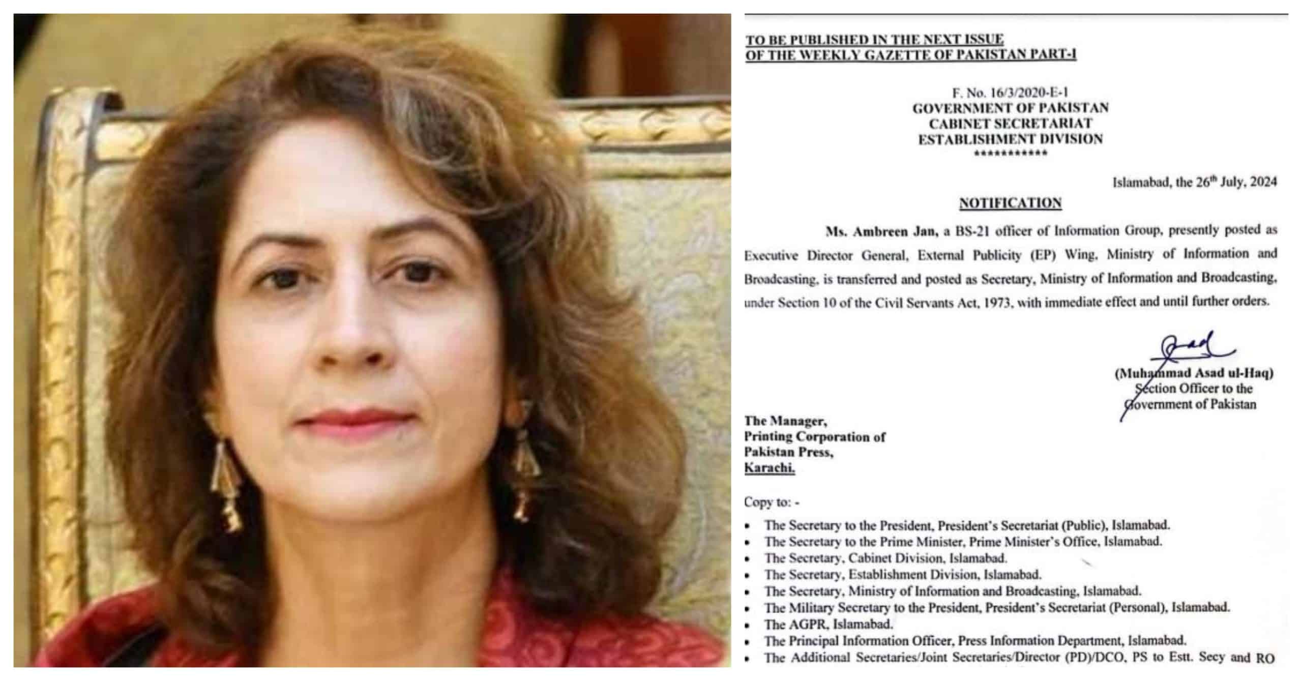 Ambreen Jan becomes new secretary information