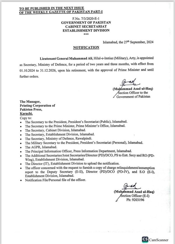 Lt Gen Muhammad Ali appointed as Pakistan's defence secretary