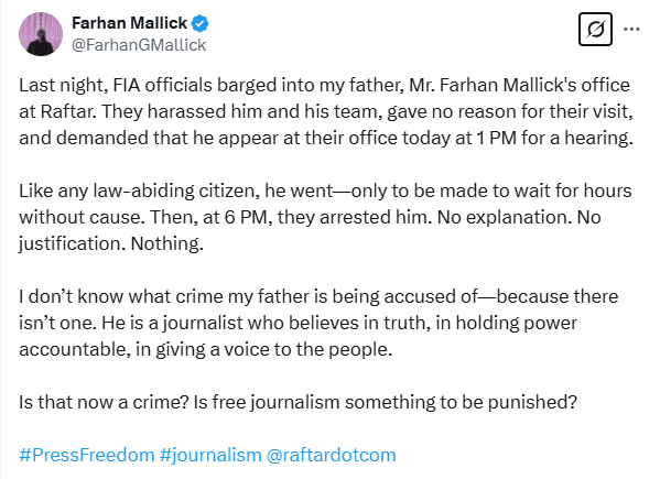 FIA arrests journalist Farhan Mallick under PECA