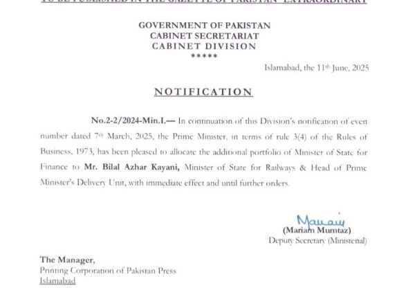 Bilal Azhar Kayani given additional charge of Minister of State for Finance