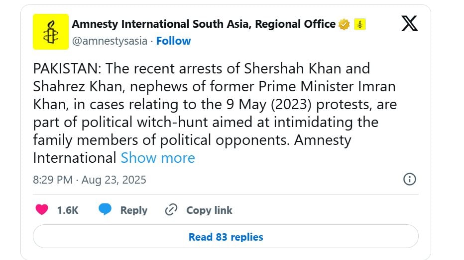 Amnesty International calls arrest of Imran Khan’s nephews ‘Political ...