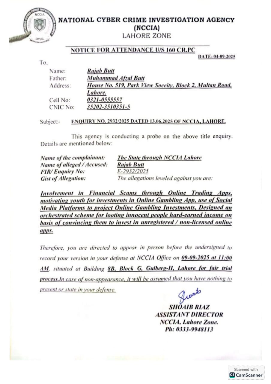 NCCIA summons Rajab Butt, Iqra Kanwal in crackdown on online gambling ...