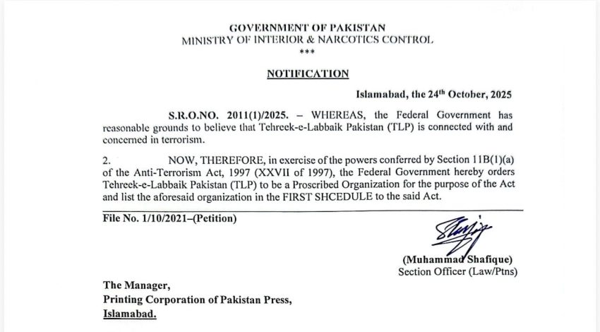 TLP declared Banned outfit, added to First Schedule of Anti-Terrorism Act