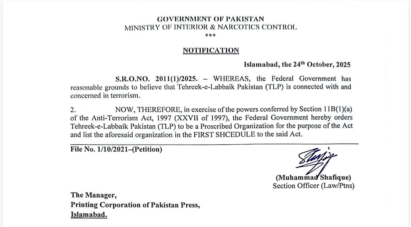 TLP declared Banned outfit, added to First Schedule of Anti-Terrorism Act