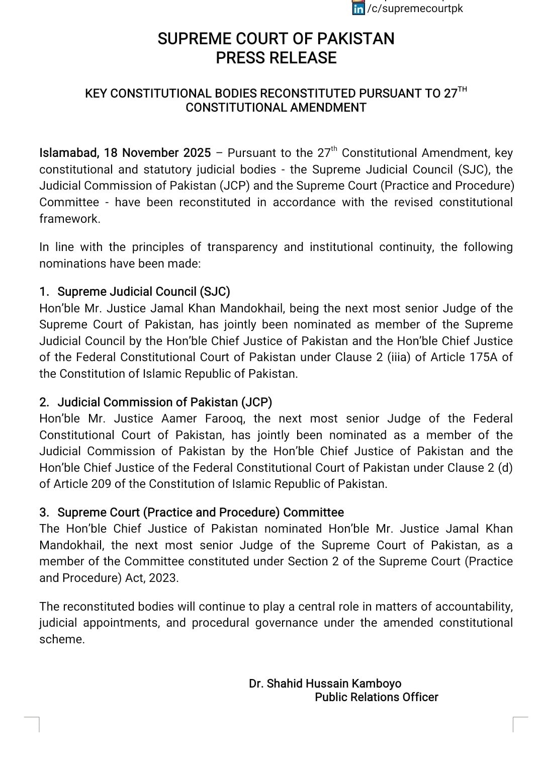 Justice Jamal Mandokhail, Aamer Farooq get Key Judicial appointments in ...